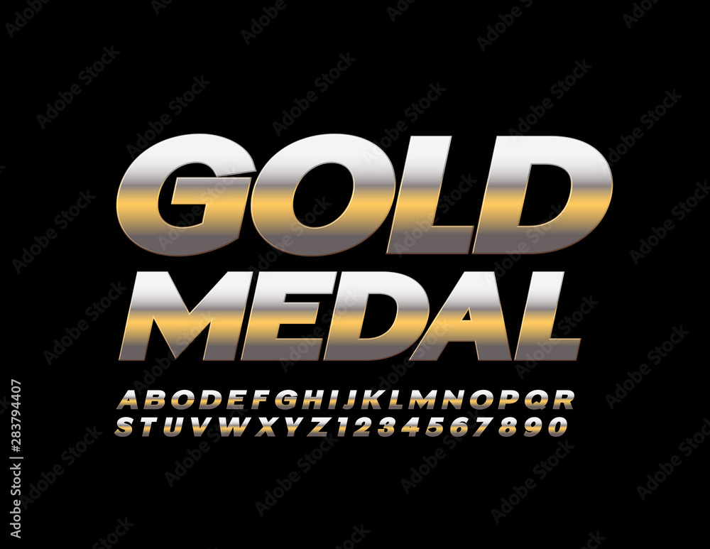 Vector luxury sign Gold Medal. Uppercase metallic Font. Reflective chic ...