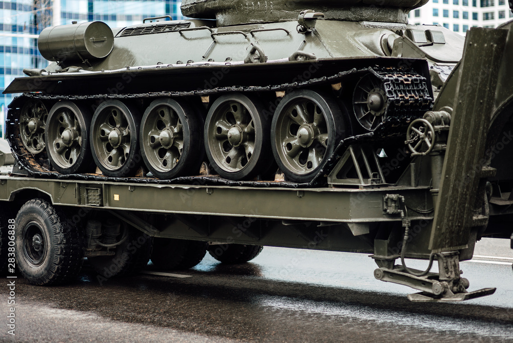 General rehearsal of the military parade in Belarus. Military equipment ...
