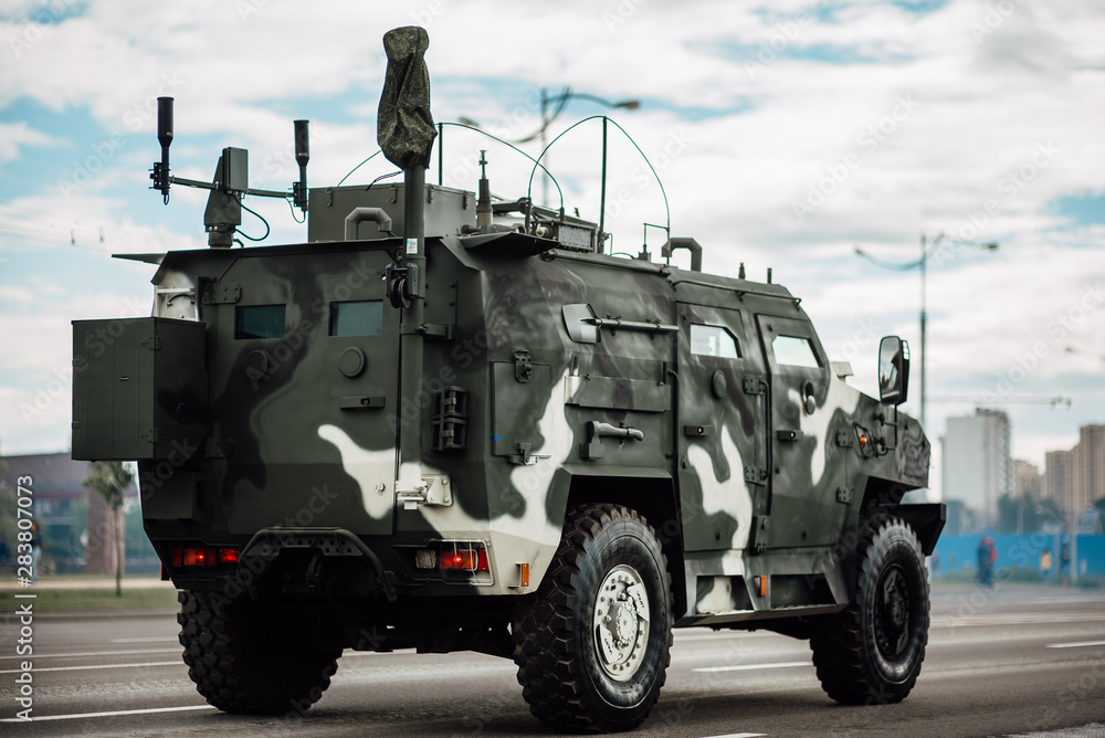 General rehearsal of the military parade in Belarus. Military equipment ...