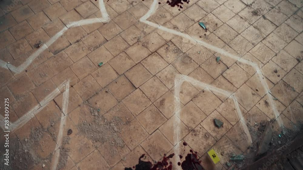 Body chalk outline, blood, markers with numbers and knife - crime scene ...