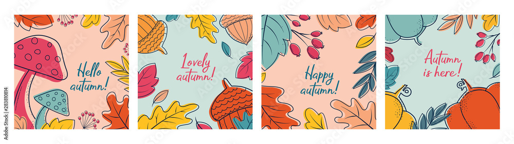 Autumn postcards with leaves, berries, mushrooms, acorns, pumpkins ...