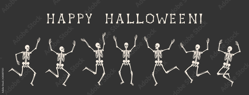 Happy Halloween. Dancing human skeletons on party of skeletons. Seven ...