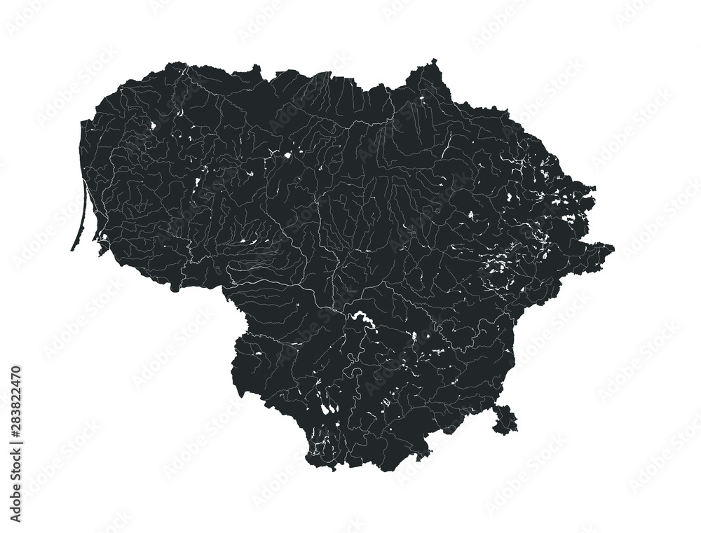 Baltic states - map of Lithuania. Hand made. Rivers and lakes are shown ...