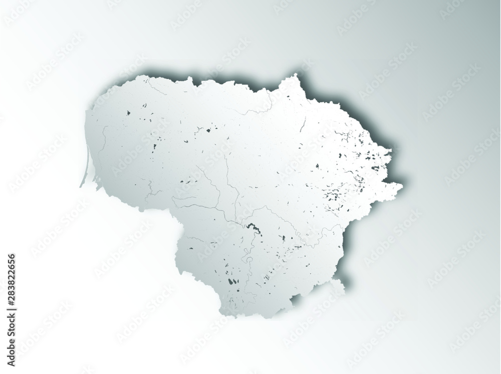 Map of Lithuania with paper cut effect. Hand made. Rivers and lakes are ...
