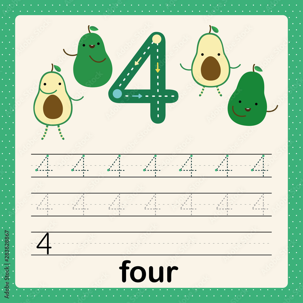 Number 4, card for kids learning to count and to write, worksheet for ...