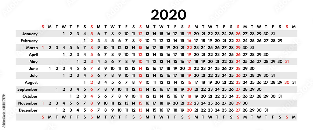 2020 full year calendar, monthly rows, sunday first, vector template ...