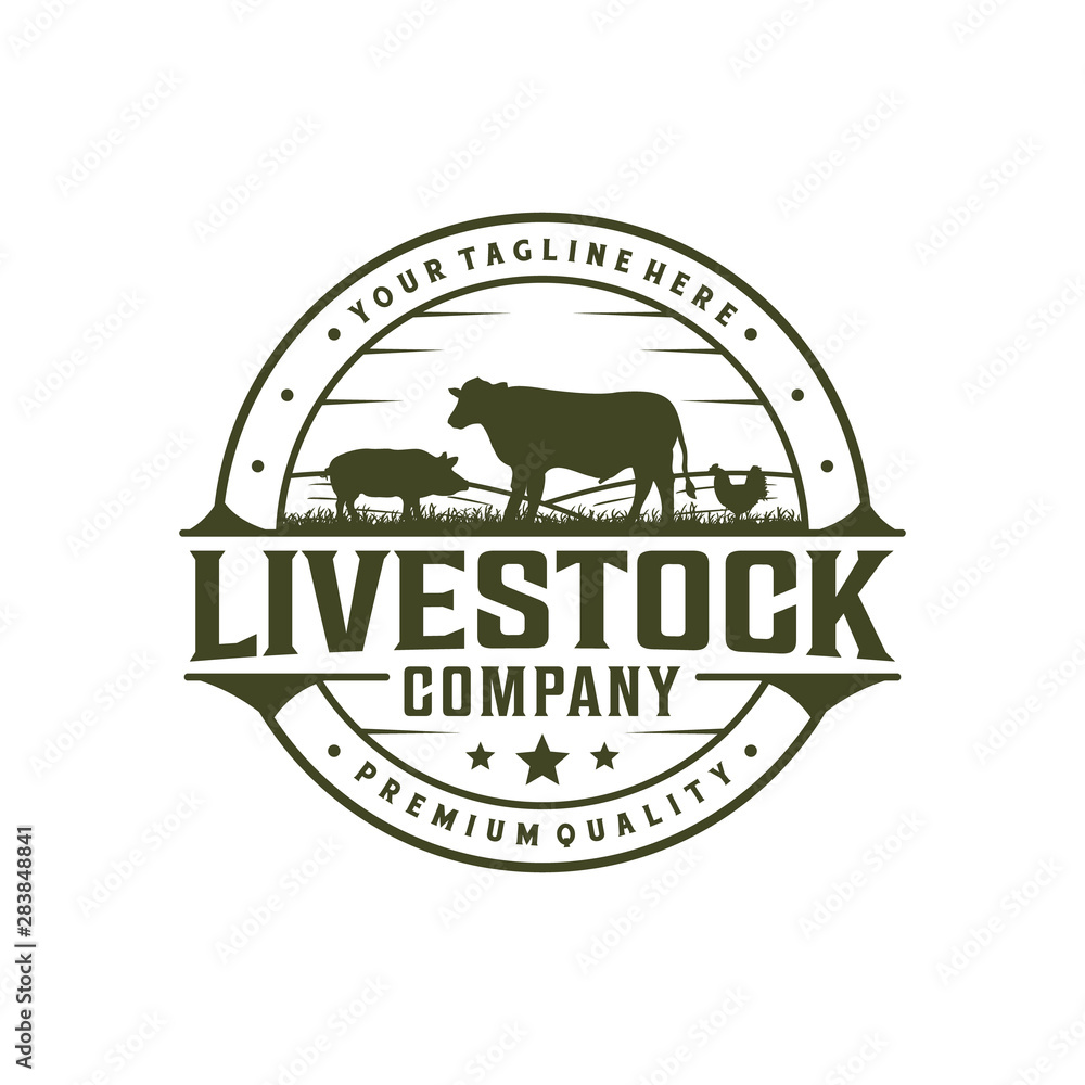 Livestock vintage logo with cow, chicken, and pork. Badge / label logo ...