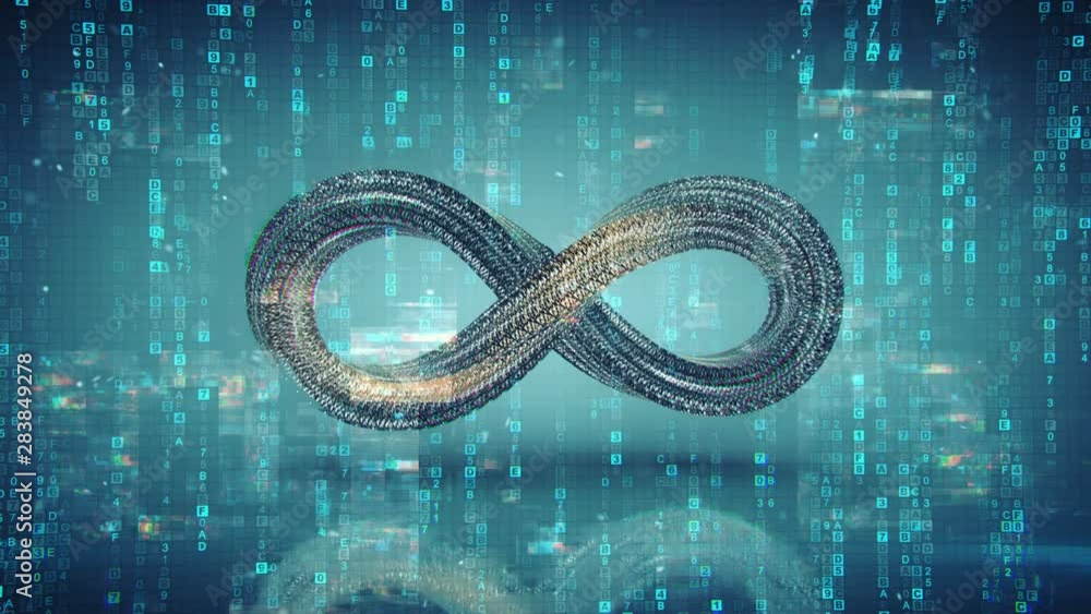 Infinity symbol and digital data are glitching. Futuristic technology ...