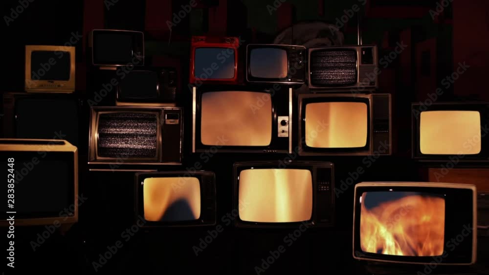 Fire Flames On Retro Tvs From The 80s. Red Tone. Stock Video | Adobe Stock