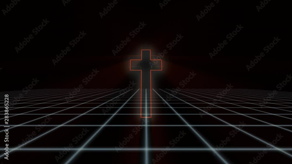 Synthwave Retro Glowing 3D Cross in Red Wireframe Standing Upright ...
