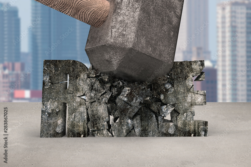 Sledgehammer hitting RULE 3d concrete word cracked on table with ...