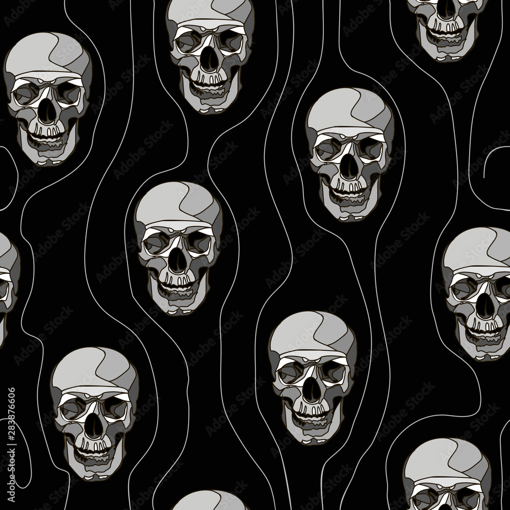 Horror seamless pattern with skulls and wavy red lines on black ...
