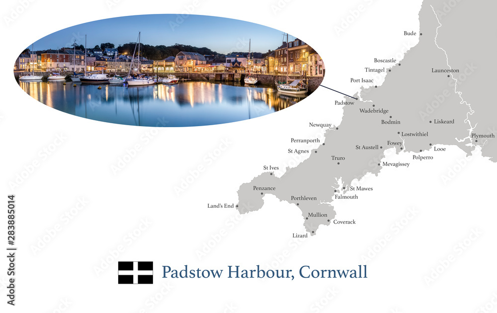 Map of Cornwall, featuring photographic image of padstow Harbour, and ...