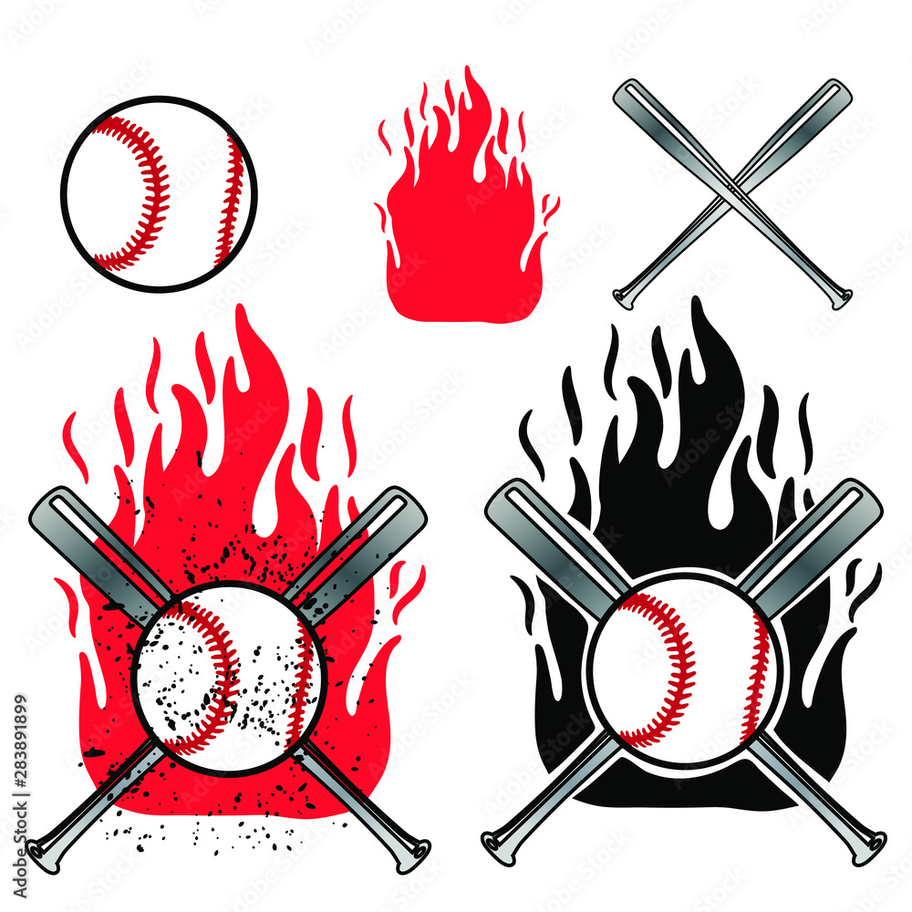 Baseball ball front and cross baseball bat on flame background. Element ...
