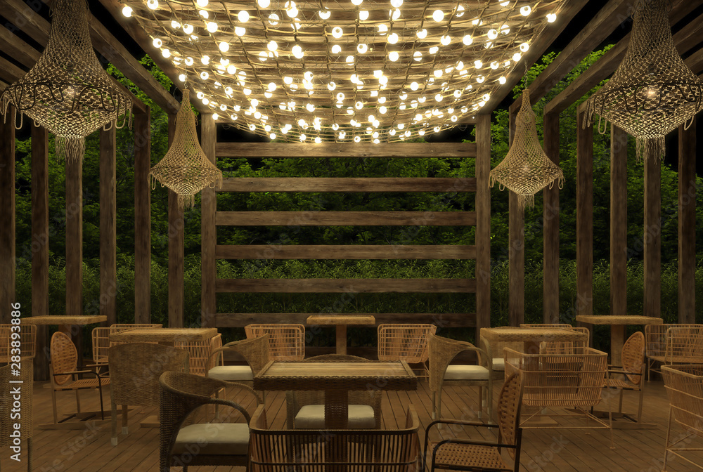 The interior of a summer open air cafe in ethnic retro style with ...