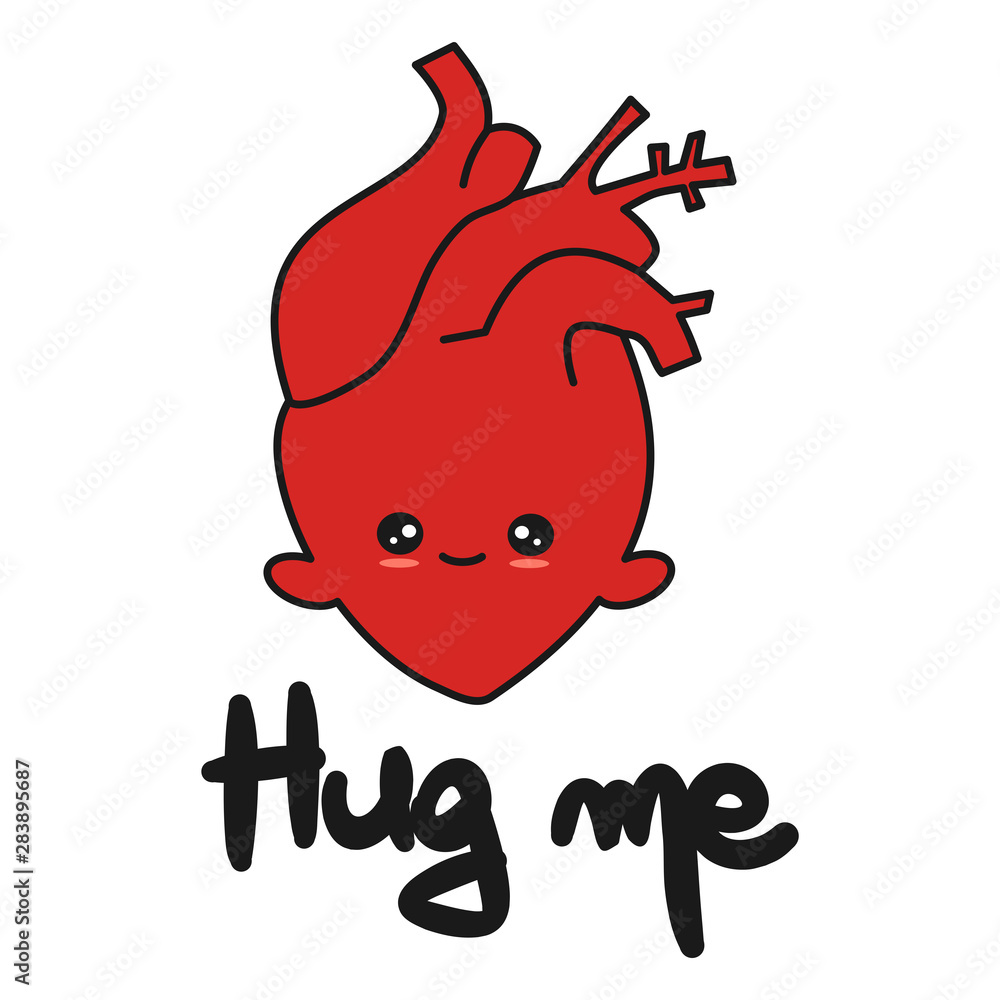 cute hand drawn lettering hug me quote with cartoon human heart vector ...
