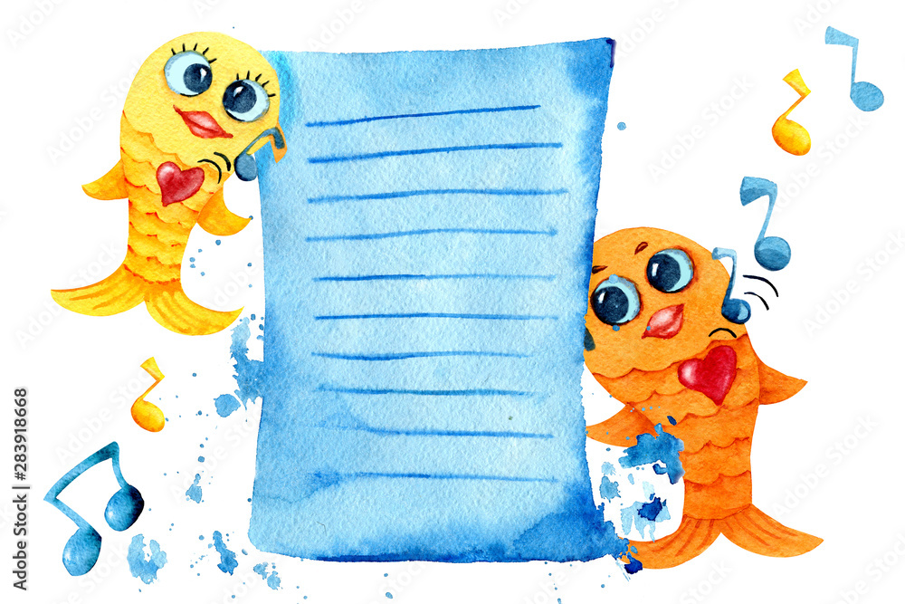 Singing and dancing goldfish. Cartoon character in watercolor. Children ...