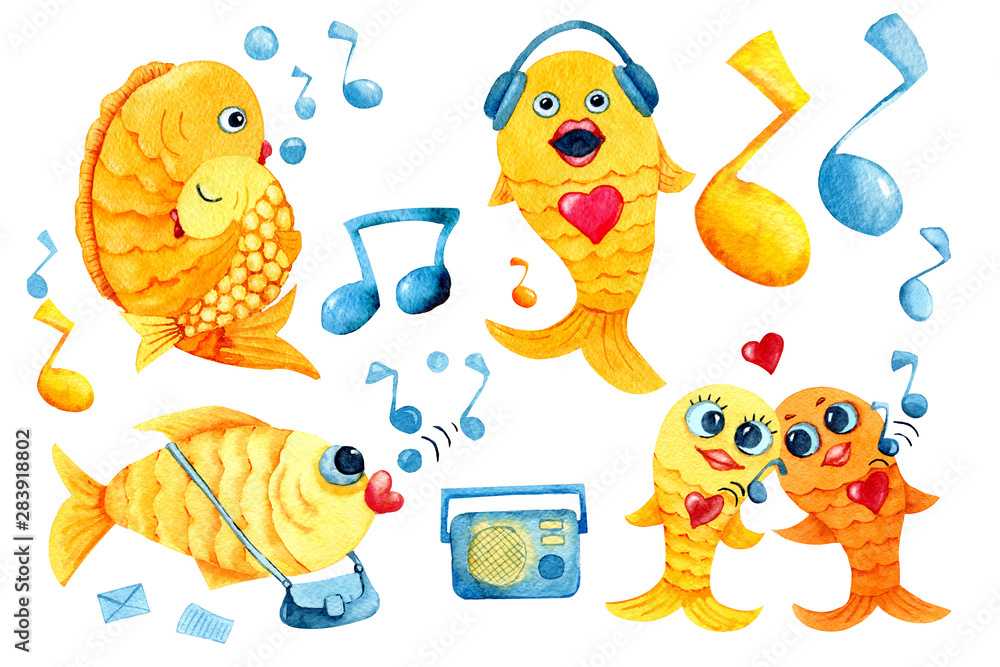 Singing and dancing goldfish. Cartoon character in watercolor. Children ...