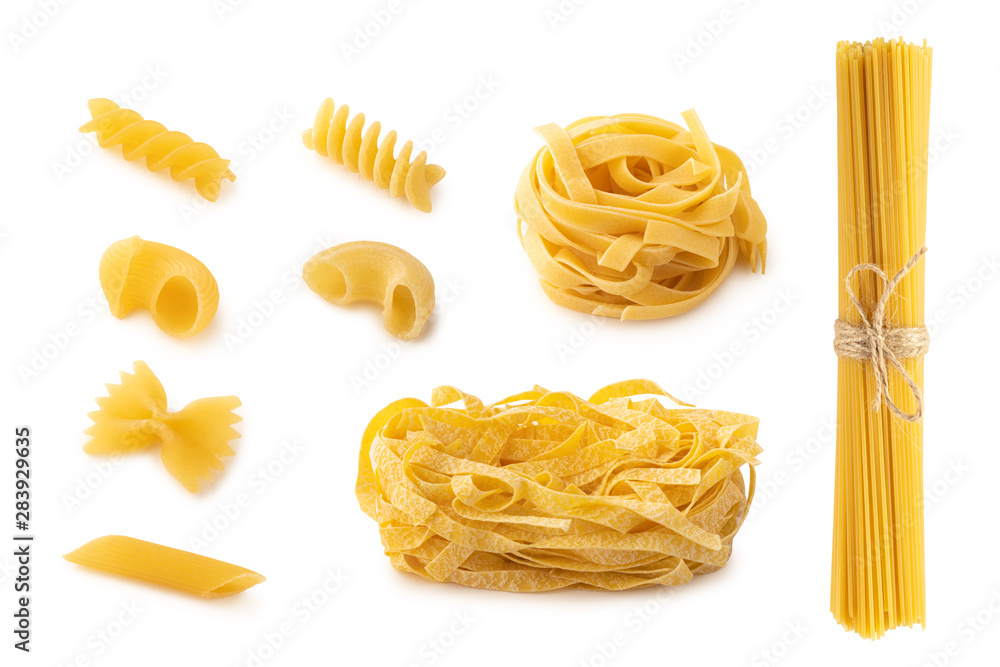 Assortment of shapes of pasta on white background isolated Stock Photo ...