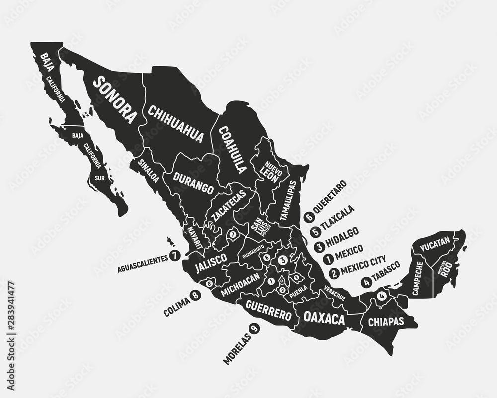 Mexico map. Poster map of Mexico with state names. Mexican background ...