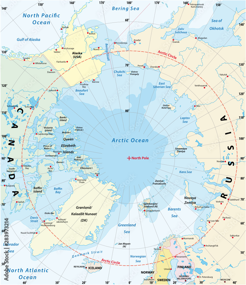 Map of the Arctic with the least and largest extent of the ice cap 2018 ...