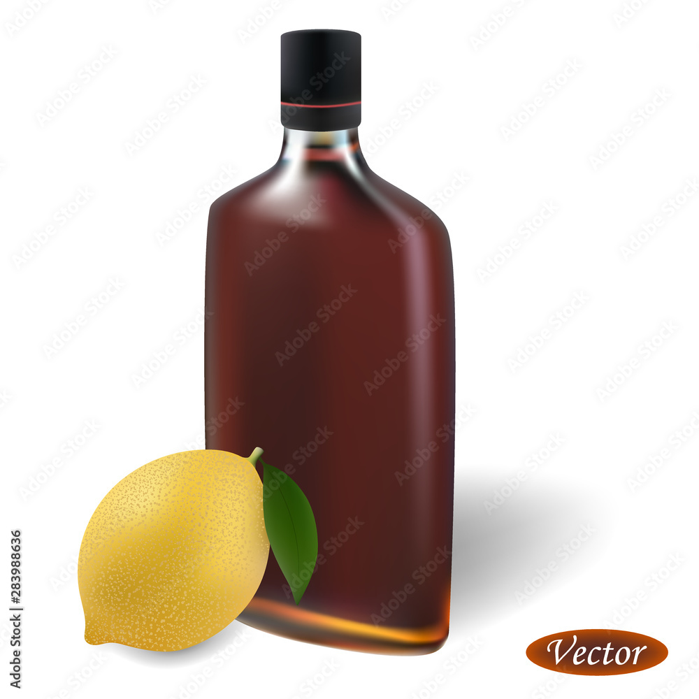 Realistic alcohol bottle and lemon. Colorful vector drawing. Design for ...