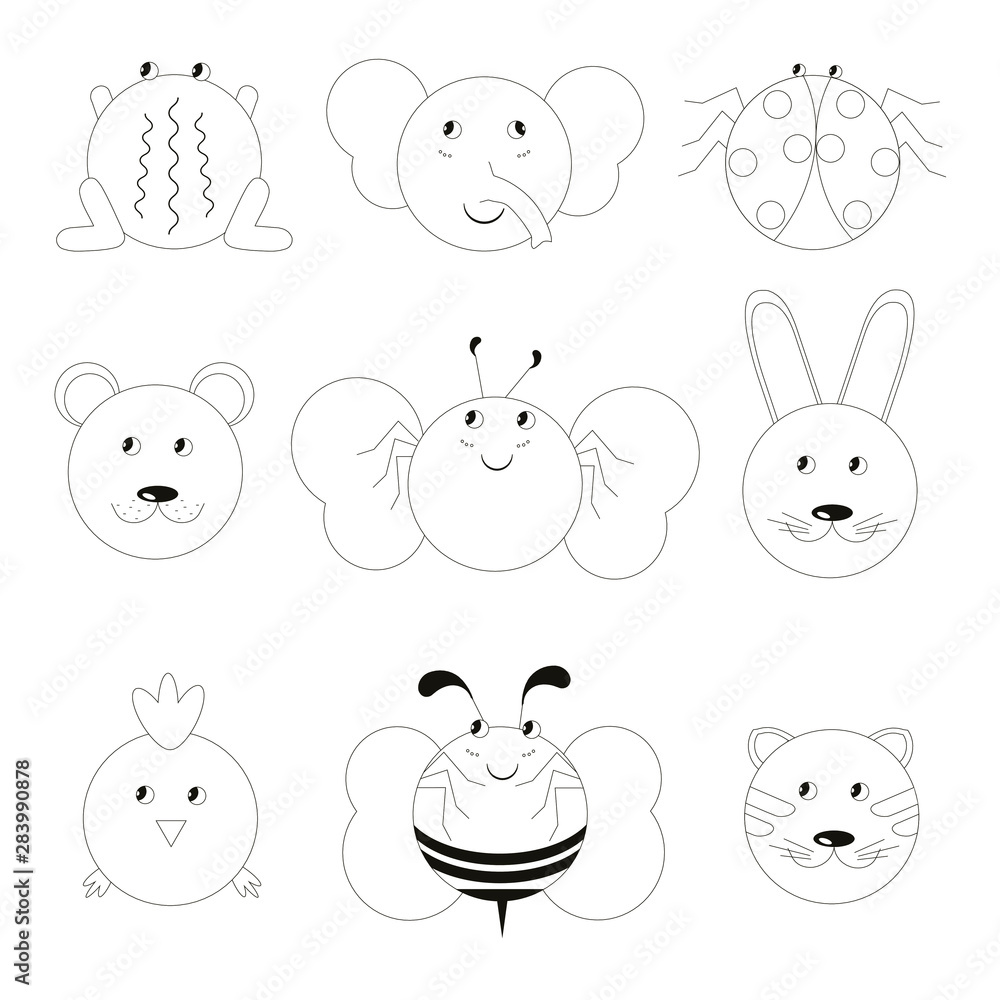 Animal icon set. Cartoons line design monochrome frog elephant ladybug ...