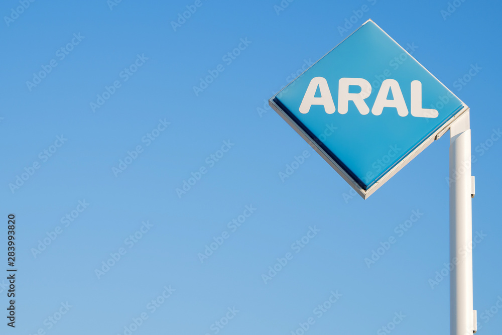 COLOGNE, GERMANY - September 13, 2016: Aral sign against blue sky. Aral ...