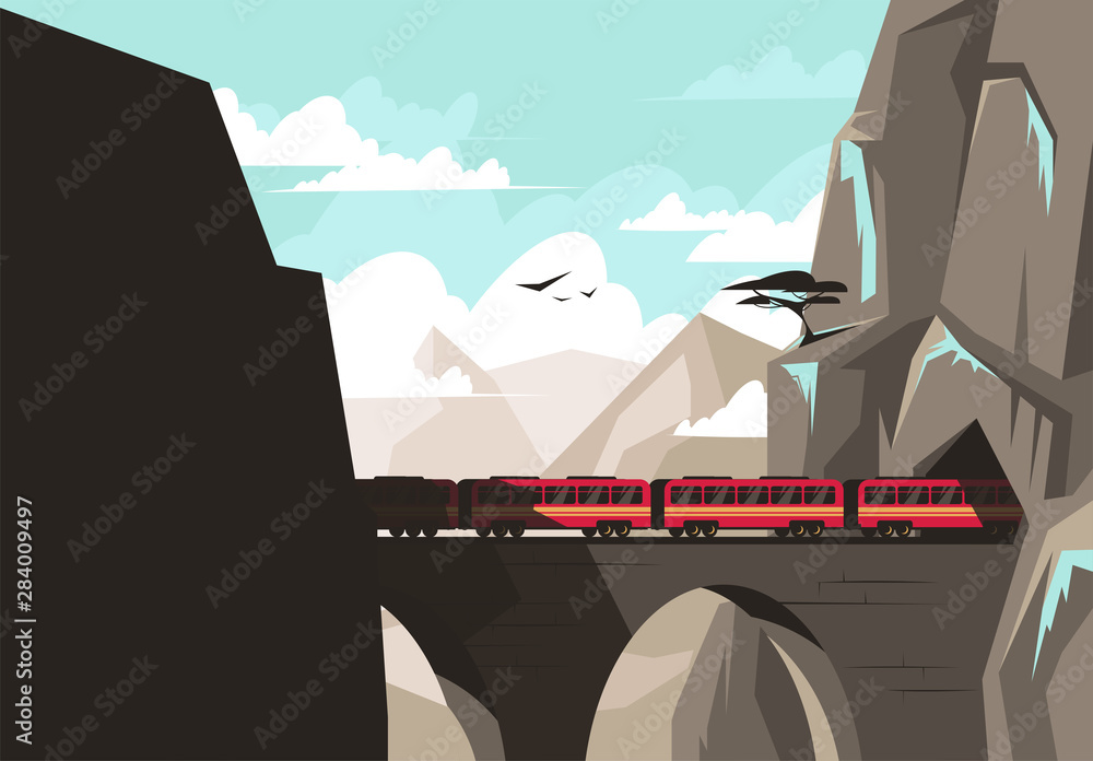 Vector illustration of a passenger train traveling over a bridge over a ...