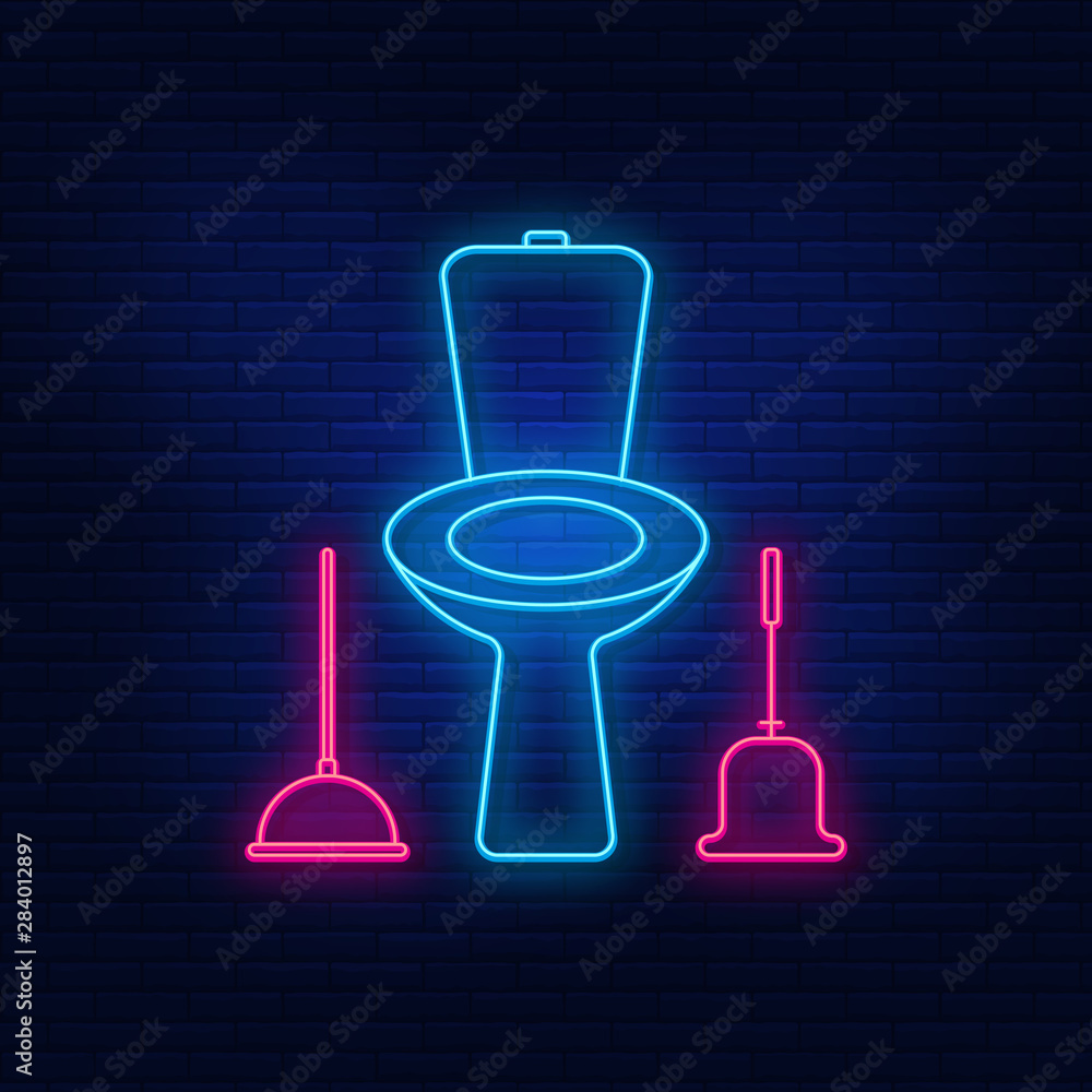 Neon illumination of the toilet. Bright is the toilet, the toilet brush ...