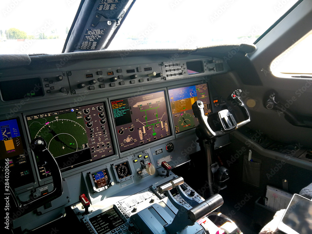 Bussenes jet airplane cockpit Flight Deck.Instrument panel. Stock Photo ...