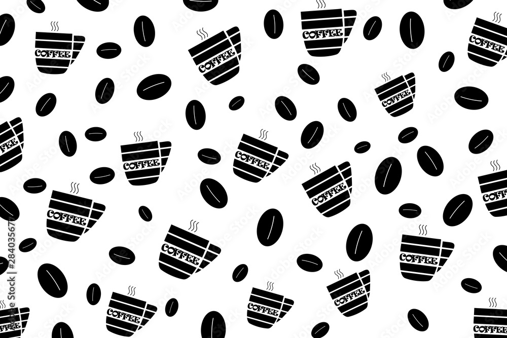 Black and white illustrated seamless texture. Black silhouettes of cups ...