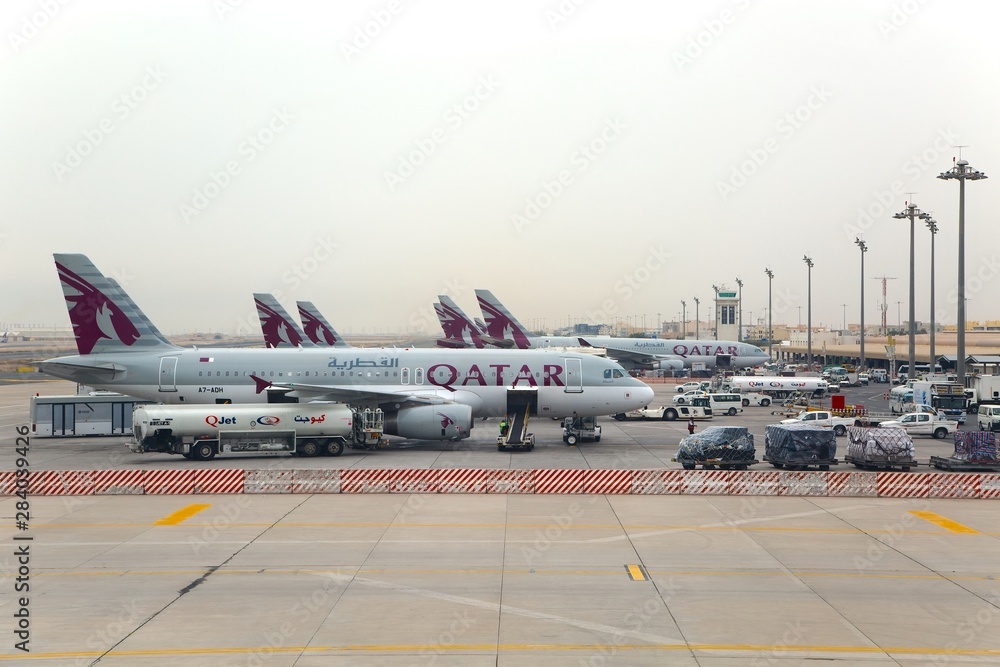DOHA, QATAR - APRIL 4: Aircrafts of the Qatar airways fleet at Doha ...