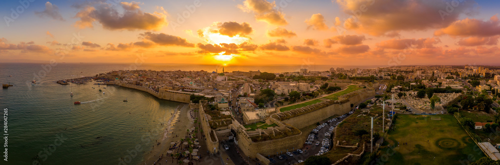 Aerial summer sunset view of Acco, Acre, Akko medieval old city with ...