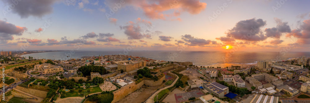 Aerial summer sunset view of Acco, Acre, Akko medieval old city with ...