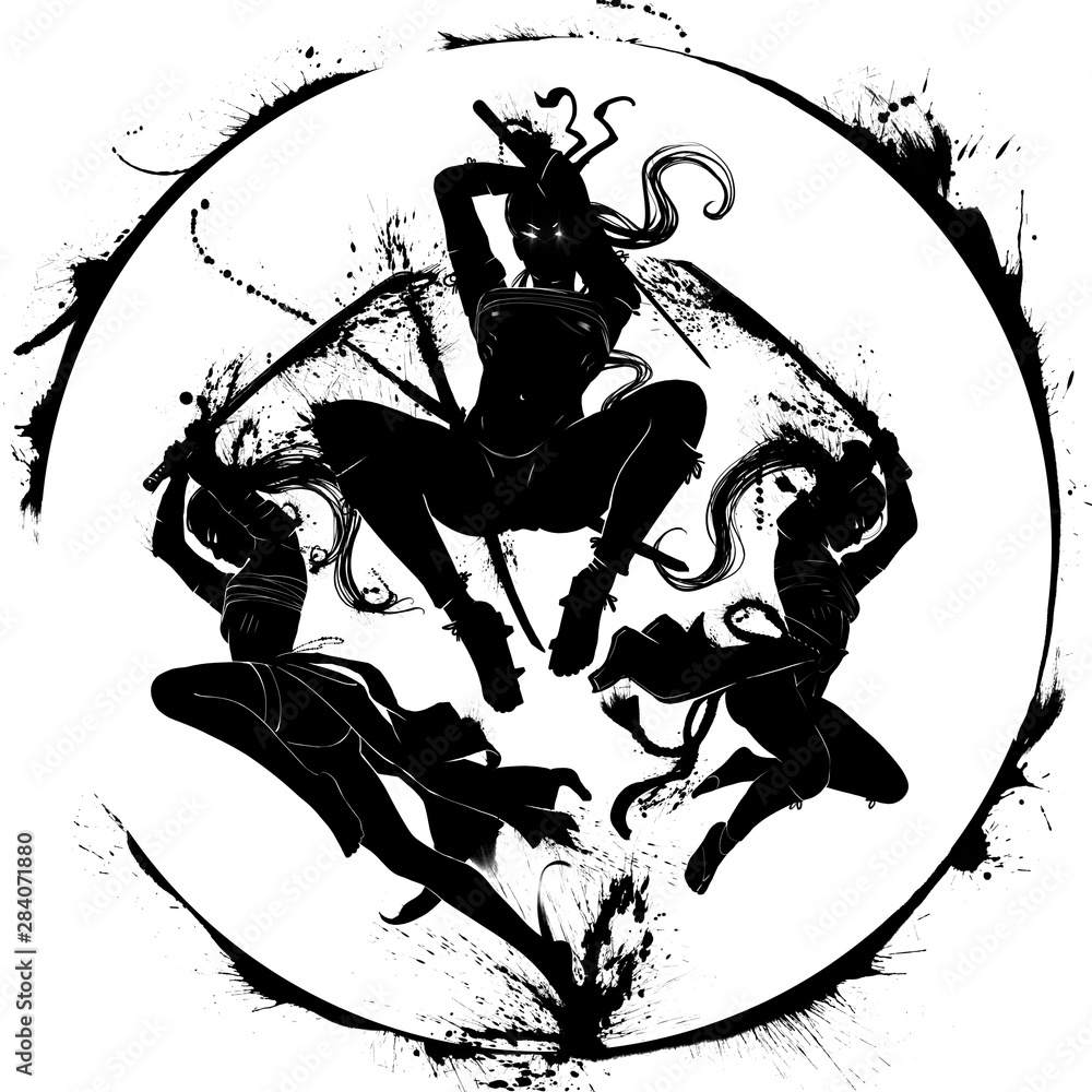 Three female assassins with swords jump attacking in different ...