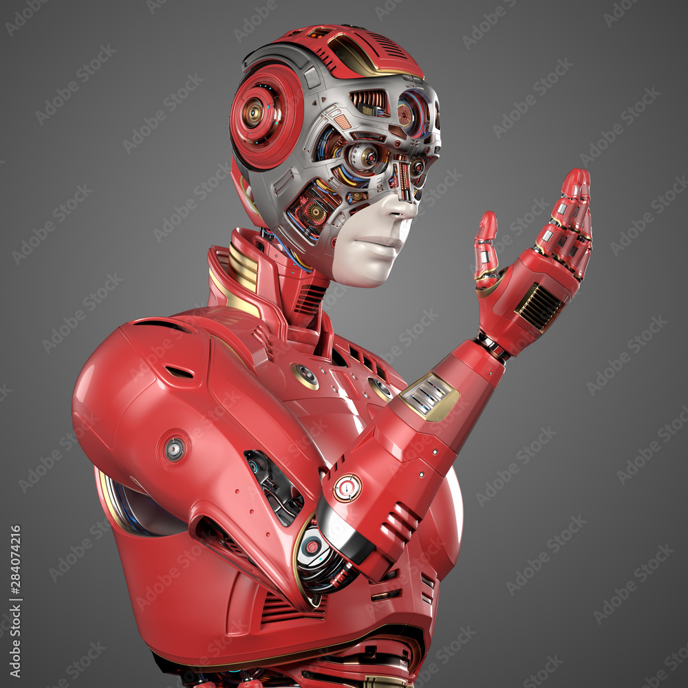 Very detailed cyborg or red android looking at his hand. The head has ...