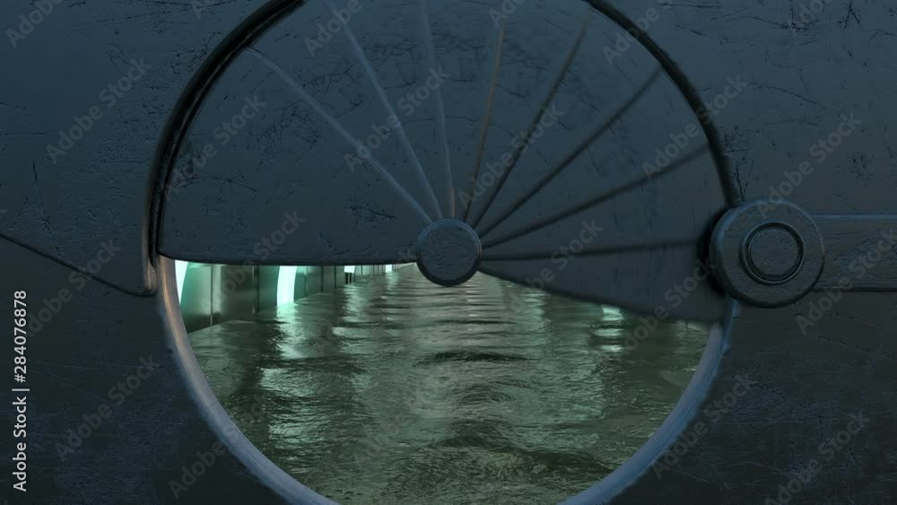 Iron rusty hatch opens panoramic view to the spaceship landscape scene ...