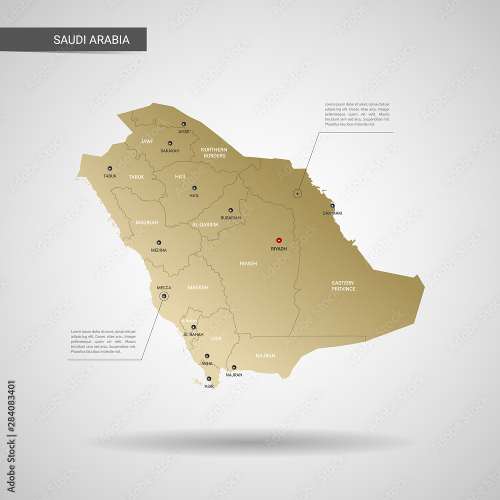 Stylized vector Saudi Arabia map. Infographic 3d gold map illustration ...