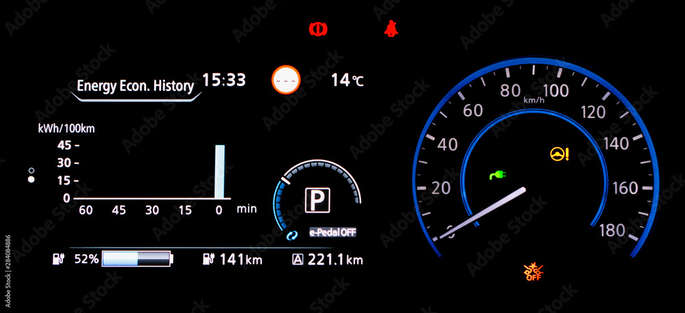 Electric car dashboard panel during charging battery. Modern digital ...