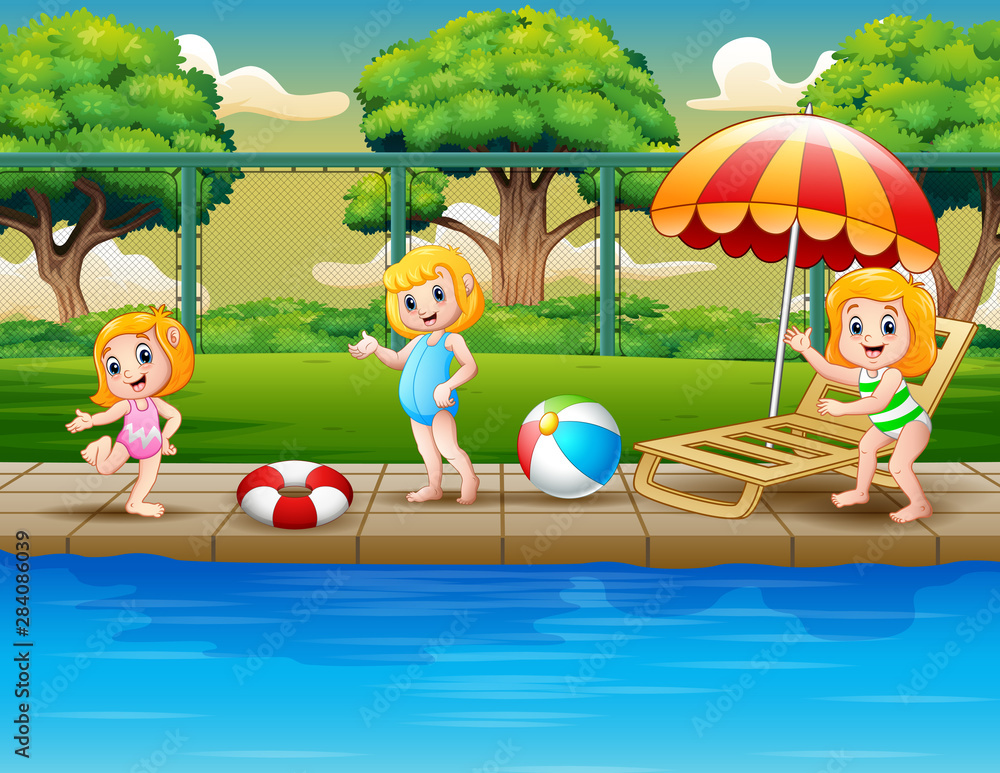 Cartoon happy girls playing in swimming pool Stock Vector | Adobe Stock