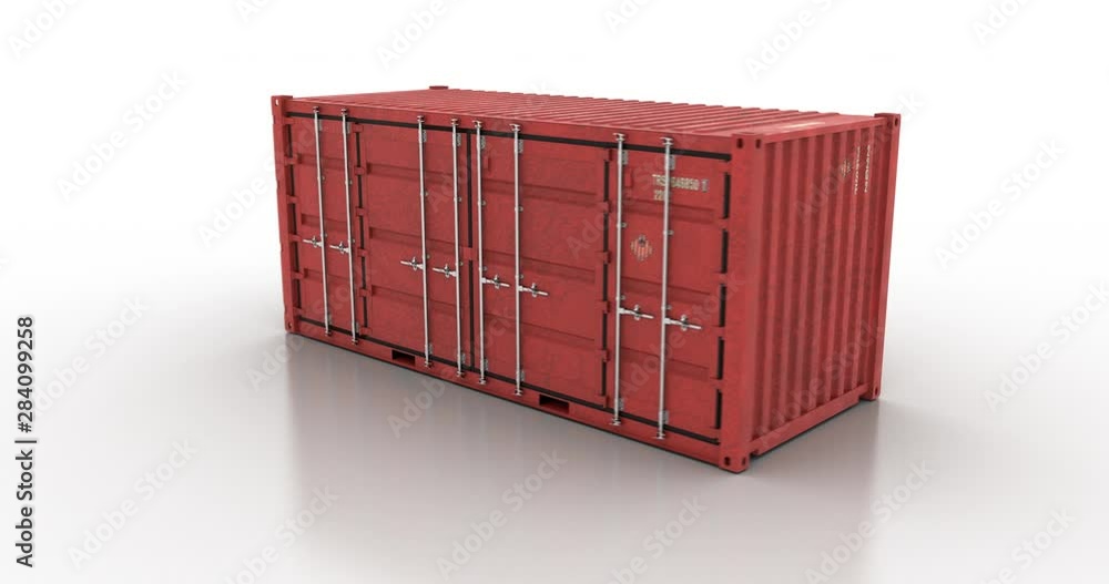 Camera moving around cargo shipping container on white floor. Cargo ...