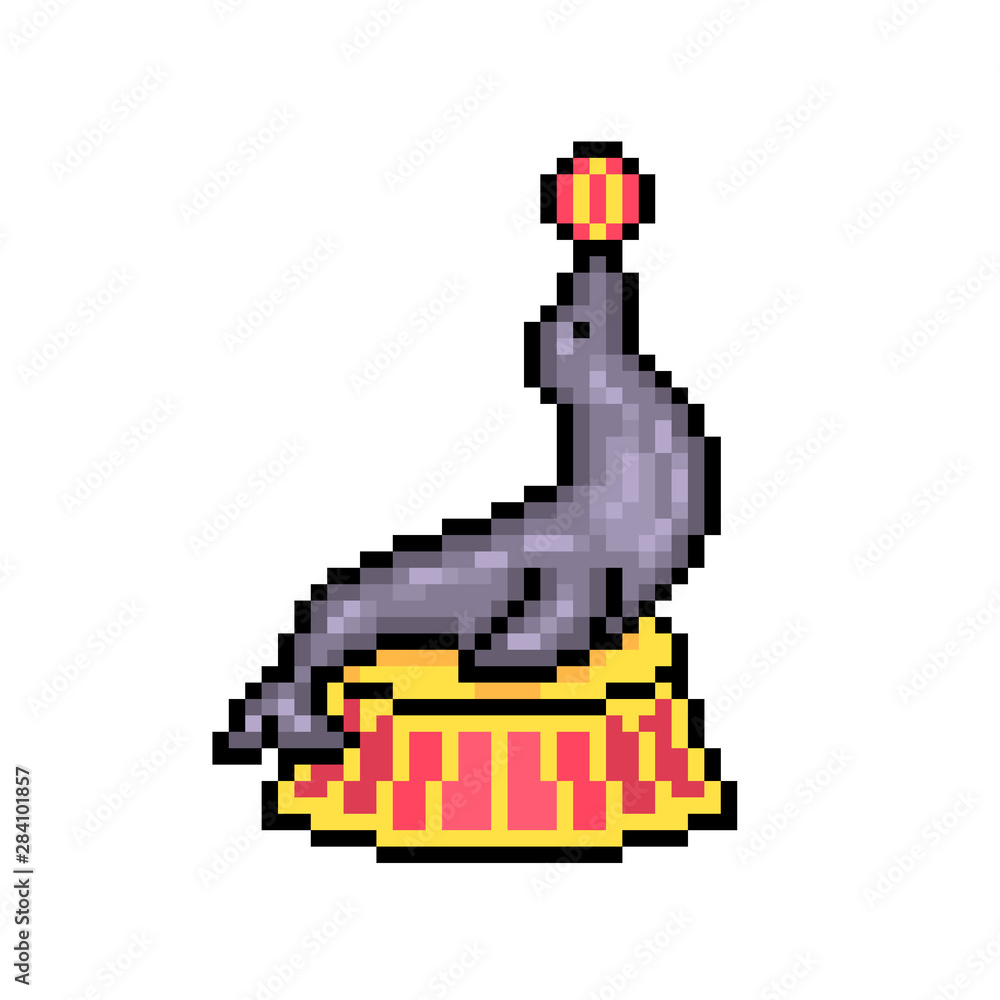 Trained seal playing with a ball, pixel art character isolated on white ...