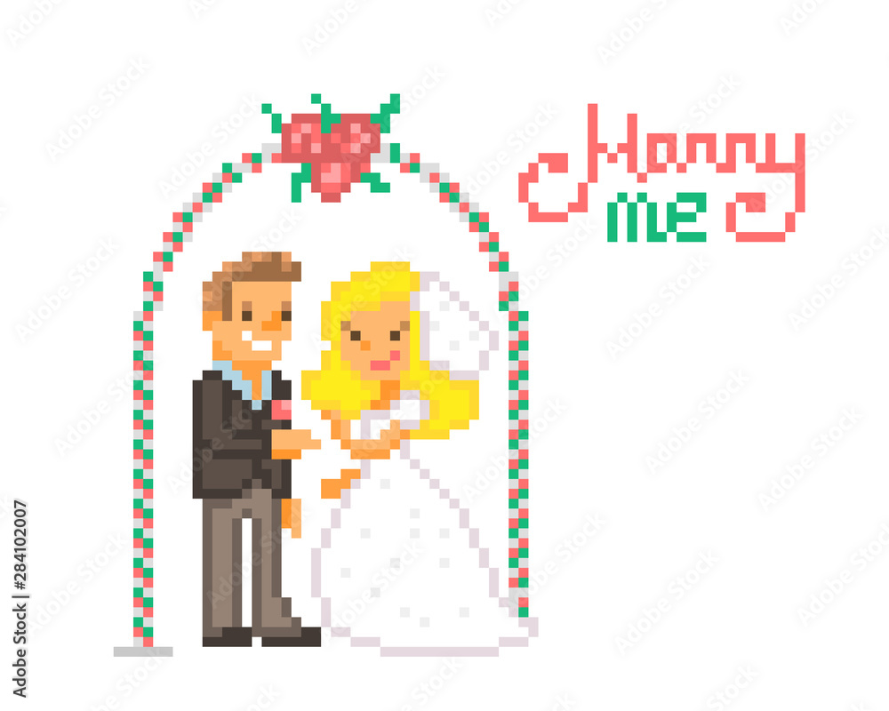 Wedding ceremony, bride and groom in arch decorated with flowers and ...