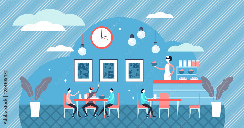 School cafe vector illustration. Flat tiny pupil dinner food person ...