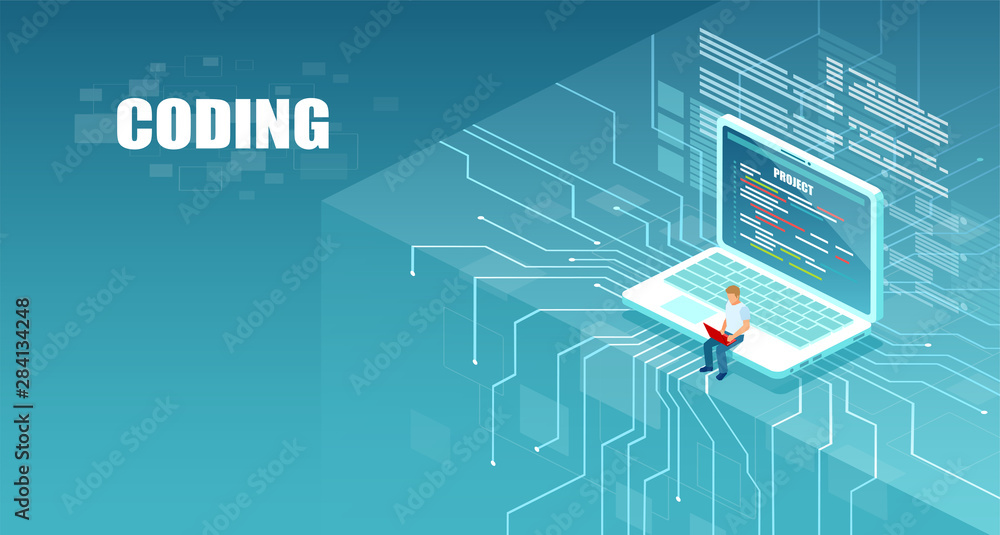 Vector of programmer man coding using computer Stock Vector | Adobe Stock