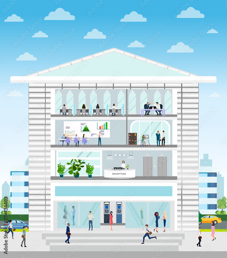 Vector of a company building with reception, office, conference room ...