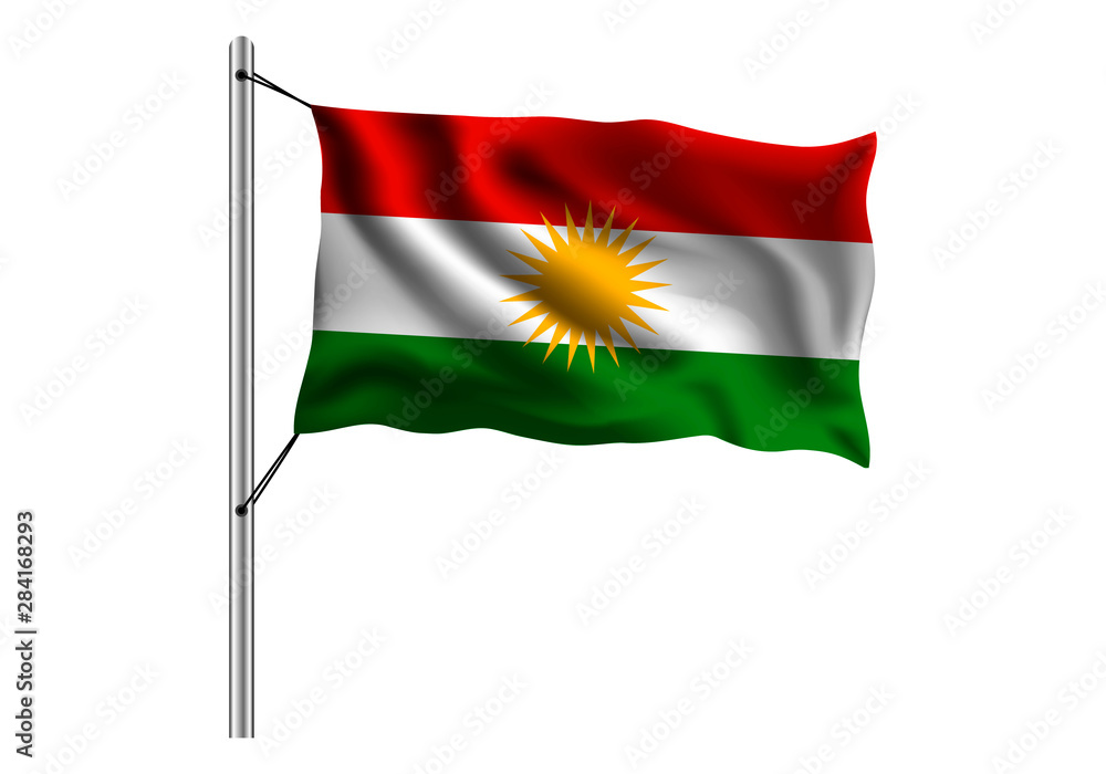 Waving Kurdistan flag on flagpole on isolated background, flag of ...