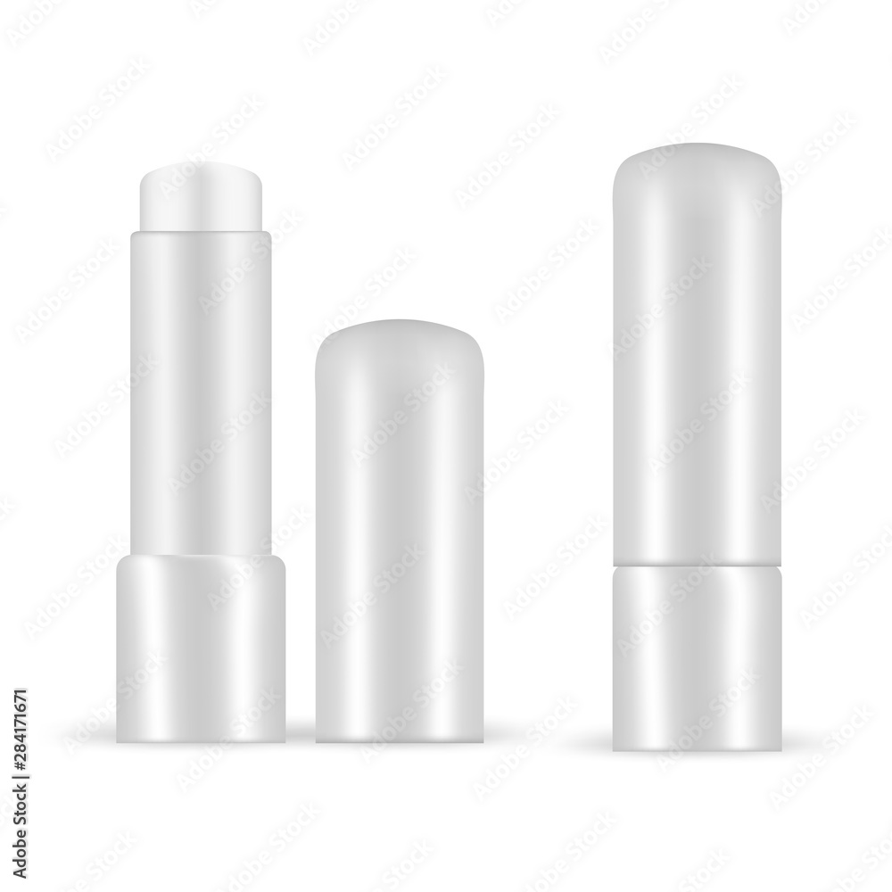 Lip balm vector set isolated on white. Opened sticks mock up with grey ...