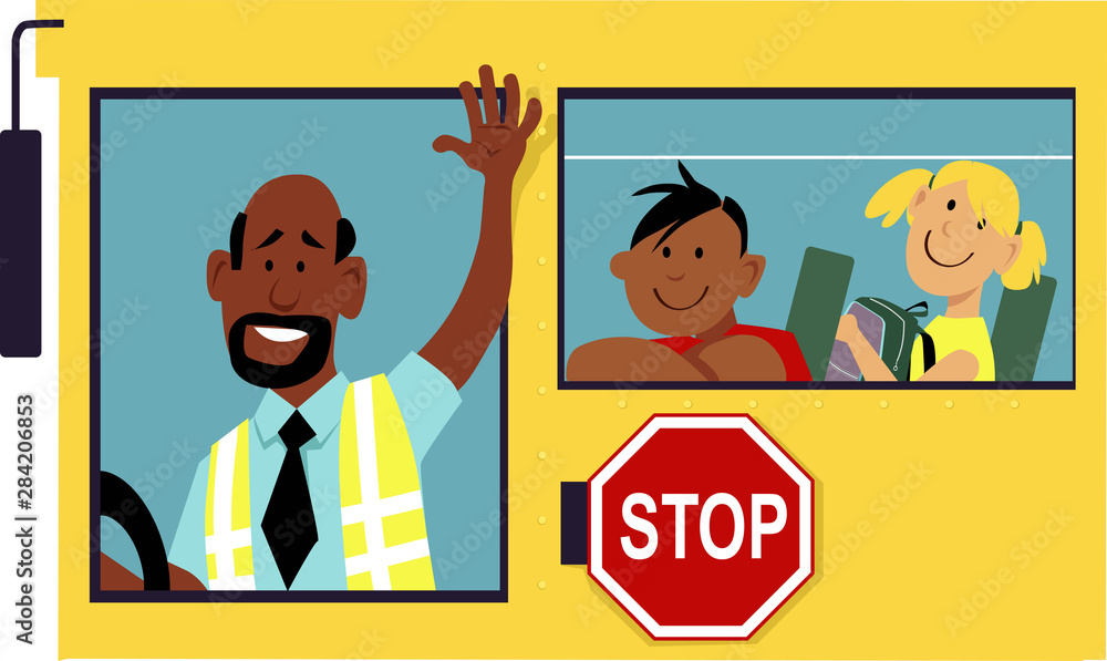 School bus driver waving his hand from a window, school kids sitting ...